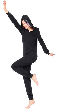 Ladeheid Damen Schlafoverall aus Baumwolle Jumpsuit bunt Verkleidung Schlafanzug Einteiler mit Kapuze LA40-234 (Schwarz Pavian, XL)