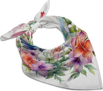 Generic Écharpe carrée en soie légère avec motif colibri printanier, motif floral et feuilles, écharpe pour cheveux, foulard respirant, cadeau pour homme et f