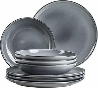 Mäser Serie Livio, Teller Set für 4 Personen mit Speisetellern und Suppentellern in moderner nordischer Form, 8-teiliges Tafelservice, Steinzeug, Grau