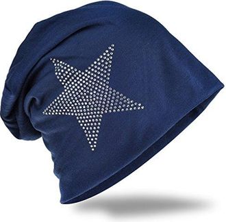 Miobo Jersey Slouch Bonnet long tendance avec étoile en strass, unisexe, couleur unie, pour homme ou femme - bleu - Taille unique
