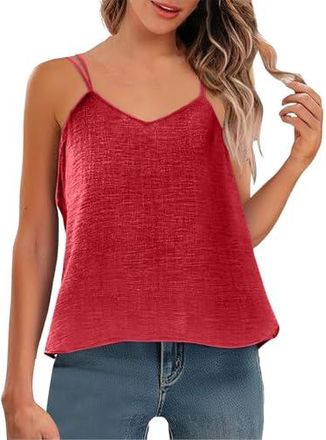 Generic Chemise de compression sexy dété en coton et lin avec col en V et bretelles fines avec camisole, Rouge, L