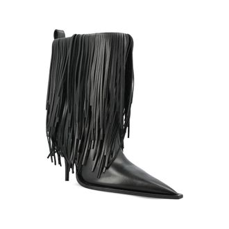 Balenciaga Womens Pointed Toe Fringed Leather Shoes Black Calfskin