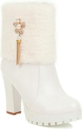 Generic Bottines dhiver doublées de fausse fourrure pour femme avec fermeture éclair latérale, bout rond, talon épais, plateforme chaude, blanc, 39.5 EU