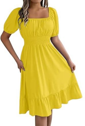 Generic Robe noire festive pour femme - Style printanier - Style &eacute;l&eacute;gant - Style vacances - Couleur unie - Avec manches bouffantes, jaune, XXL