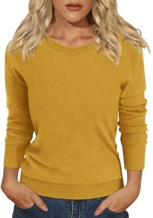 Minetom Pull Femme Chic Chaud Couleur Unie Col Rond Hauts Manche Longue Pullover en Tricot Hiver Leger Chic Et Elegant A Jaune L