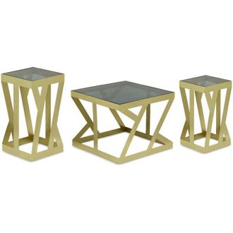 Menzzo Menzzo - Ensemble de 3 tables dappoint Zendaya en Verre fum&eacute; et M&eacute;tal Or
