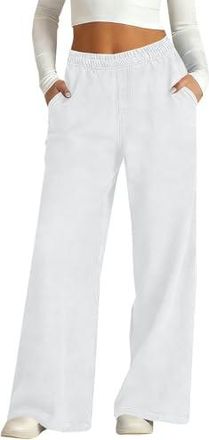 Generic Jean large de couleur unie pour femme - Taille haute &eacute;lastique - Pantalon d&eacute;contract&eacute; en jean ample avec poches pour les trajets quotidiens, blanc, XX