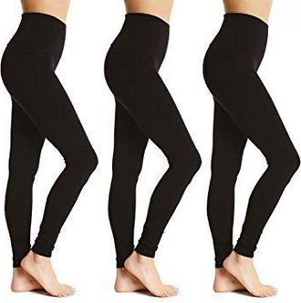 Bonjour Lot de 3 leggings taille haute pour femme, extensibles, doux au toucher, en coton confortable, grande taille, Noir, 44-46