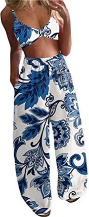 Minetom Femmes Survêtement Sports Suits Eté sans Manches Imprimé Floral Crop Top Shirt et Pantalon Ensemble Sportwear 2pcs F Bleu 40