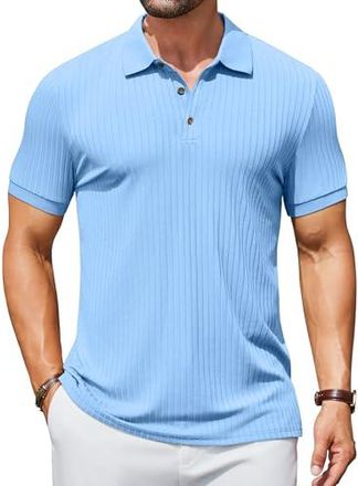Coofandy Polo pour homme à manches courtes en tricot avec boutons - Polo dété côtelé - T-shirt de golf, bleu clair, M