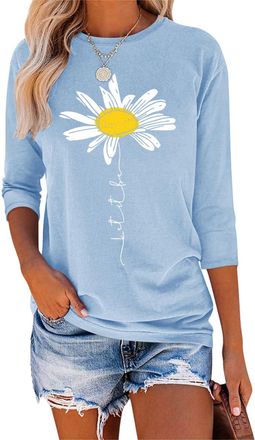 TOMWELL T-Shirt Damen 3/4 Arm Shirt Rundhals Grafik Druck Tshirt Sommer Leichte Pullover Oberteile A Hellblau XXL