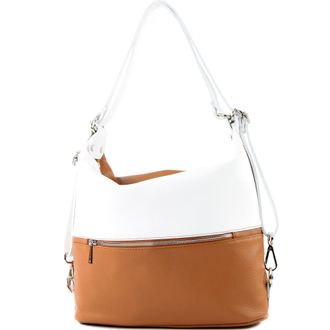 modamoda.de T189 Damen Leder Rucksack Damentasche 2in1 handmade in Italy, Farbe:Camel/Wei&szlig;