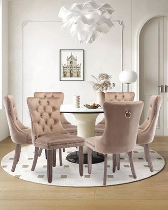 Generic Samtgepolstertes, Getuftetes Esszimmerstuhl-Set Mit Nagelkopfbesatz Und Beinen Aus Massivholz - Beige (für Esszimmer, Küche, Restaurant)(Khaki,Set of 