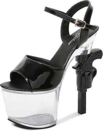 Generic Noir,34 EU,Sandales à Talons Aiguilles et Bout Ouvert pour Femme, Chaussures de soirée de Mariage avec Bride à la Cheville et Talons de 17 cm