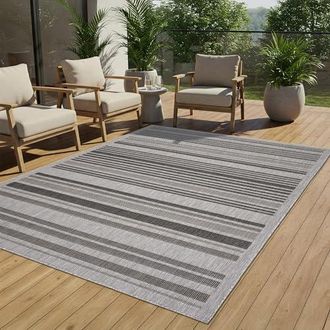 Tapiso Melissa Tapis Ext&eacute;rieur Int&eacute;rieur Terrasse Balcon Salon Cuisine Moderne Noir Gris Mouchet&eacute; Ray&eacute; Bordure Aspect Sisal R&eacute;sistant aux Intemp&eacute;ries Oeko-TE