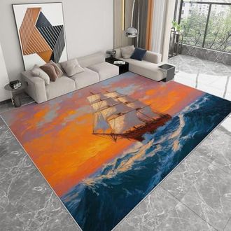 Generic Tapis Salon Orange pour Lavable, Élégant Coucher De Soleil Voilier Mer Tapis à Poils Courts Doux et Antidérapant pour Chambre Cuisine Salle de Bains H