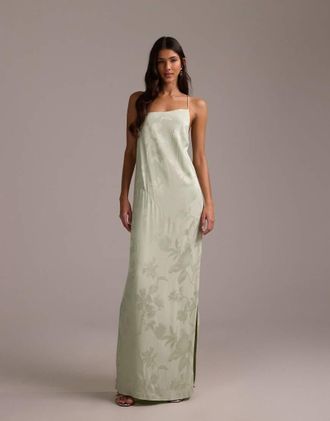 Asos Robe longue asym&eacute;trique de demoiselle dhonneur en jacquard &agrave; bretelles fines - Vert sauge