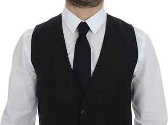Dolce & Gabbana Mens Black Striped Wool Single Breasted Vest Clothing