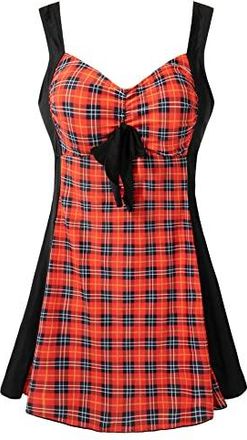 Wantdo Femme Tankini Maillot de Bain 1 Pieces Gainant Ventre Plat U Back Été Grande Taille Jupe de Natation Robe de Bain Slim Mode Plage Plaid Rouge 52-54