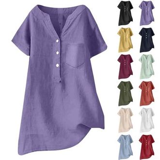 Generic Chemises &agrave; manches courtes en coton pour femme - Grande taille - Haut confortable - Coupe ample - Tunique d&eacute;contract&eacute;e - Haut tendance uni - Chemise h