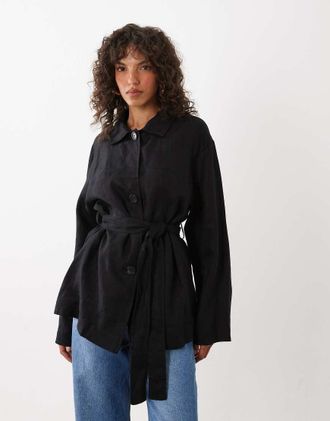 Mango Veste ajust&eacute;e en lin avec ceinture - Noir