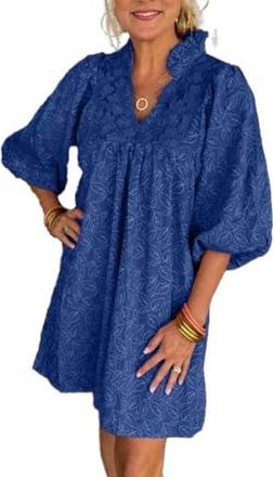 Generic Robe Courte en Jacquard à Manches Bouffantes pour Femme, Robe à Manches Longues Bouffantes à col en V pour Femme, Robes à col en V (Blue,TTG)