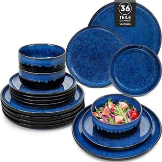 VANCASSO S&eacute;rie STARRY Service de Table 36 Pi&egrave;ces en Porcelaine, Service Vaisselle 12 Personnes, avec 12 Assiettes Plates, 12 Assiettes &agrave; Dessert, 12 Bols &agrave; C&eacute;r