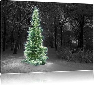 Pixxprint Weihnachtsbaum im Winterwald B&W, Größe: 120x80cm, Leinwandbild, fertig gespannt, Wandbild, Dekoration, Kunstdruck, kein Poster