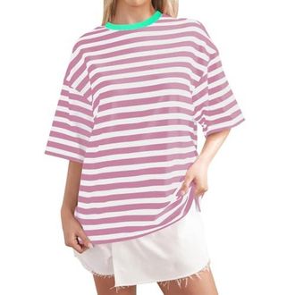 Generic T-shirt &agrave; rayures d&eacute;contract&eacute; pour femme avec col rond et manches courtes pour le printemps. T-shirt ray&eacute; minimaliste et confortable, Rose clair, XXL