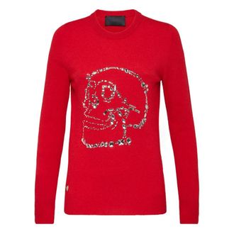 Philipp Plein Pullover Rundhals LS Look At Me Skull Crystal - - Knitwear - Damen - Rot - S