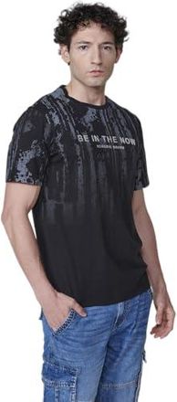 Kor&ouml;shi T-shirt noir en coton pour homme avec imprim&eacute; sur le devant et col rond, de couleur noire, Noir, XXL