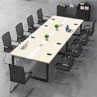 Generic Gro&szlig;er Besprechungstisch mit Kabelkanal, gro&szlig;er Konferenztisch for viele Personen, schwarzes Metallgestell, Holzdesign, einfache Montage(Beige+Blanco,