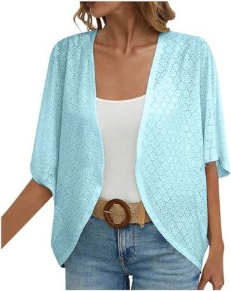 Generic Pulls et Cardigans pour Femmes Blanc avec Dentelle : Cardigan Femme Élégant À La Robe À Manches 3/4 Kimono Festif Boléro Robe Légère Veste Dété Cardig