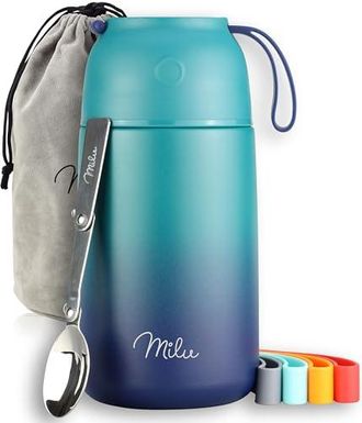 Milu Boîtes Alimentaires Isothermes 800 ml Boîte Isotherme Repas Chaud Porte-Aliments en Acier Inoxydable à Double Couche, Cuillère Pliante pour Ecole, Bur