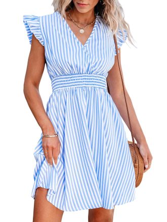 Cupshe Damen Sommerkleid V-Ausschnitt Flatterärmel Minikleid Gesmokte Taille A-Linie Freizeitkleider Mini Dress Blau Gestreift XL