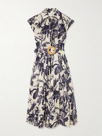 Cara Cara Octavia Midi-hemdblusenkleid Aus Baumwollpopeline Mit Blumenprint, Falten Und G&uuml;rtel - Blau