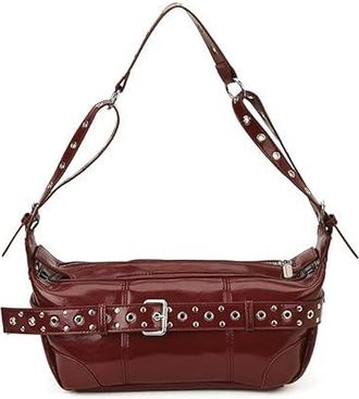 Generic Sac &agrave; main en cuir synth&eacute;tique avec rivets sous les bras et boucle de ceinture pour femme, travail, shopping, voyage, quotidien, rouge vin, 13.58x5.71