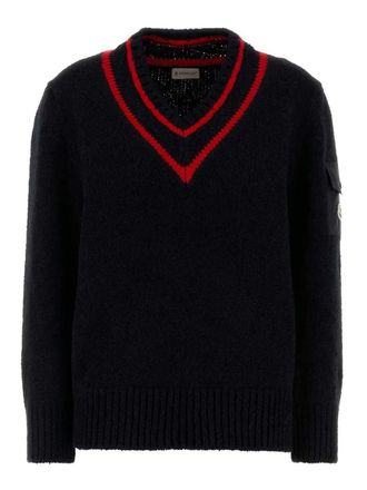 Moncler Pull &Agrave; Col V - Bleu Fonc&eacute;