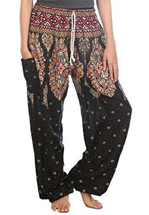 Lofbaz Femme Floral Imprimé Drawstring Boho Harem Pantalon Noir X-Large