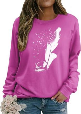 Dresswel Pull pour femme - Imprim&eacute; plume - Sweat-shirt &agrave; manches longues - Col rond - Manches longues - Automne - Hiver - Hauts - Chemisier, 2 rosy, XXL