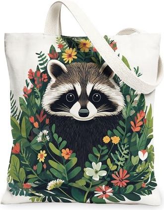 Generic Sac fourre-tout en toile de raton laveur printanier pour faire du shopping, 33 x 38,1 cm, sac d&eacute;picerie r&eacute;utilisable pour femme, joli motif botanique,