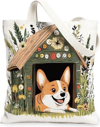 Generic Sac fourre-tout en toile motif chien corgi printanier 33 x 38,1 cm, niche amusante pour chiot, sac d&eacute;picerie r&eacute;utilisable, sac d&eacute;picerie pour femme, a
