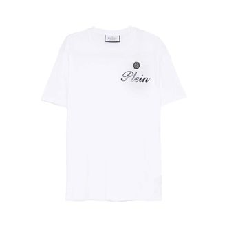 Philipp Plein Homme, Tops, Blanc, Taille: 2XL T-Shirt Col Rond Signature en Relief