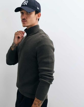 Only & Sons pull en maille riche en coton &agrave; demi-zip en gris fonc&eacute;