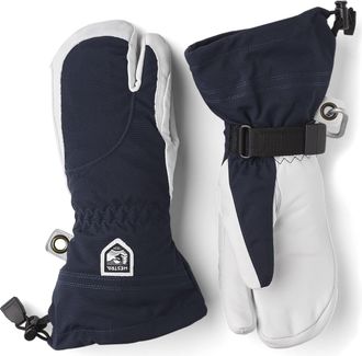 Hestra Heli Ski Damen-Handschuh - klassischer 3-Finger-Leder-Schneehandschuh zum Skifahren, Snowboarden und Bergsteigen (Damenpassform), Marineblau/Offwhite,