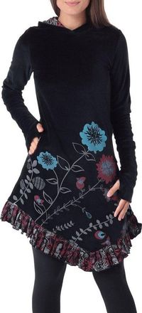 Purewonder Samtkleid mit Zipfelkapuze und Blumen Kleid Nr. 15 Schwarz XXL Goa Kleid aus Samt