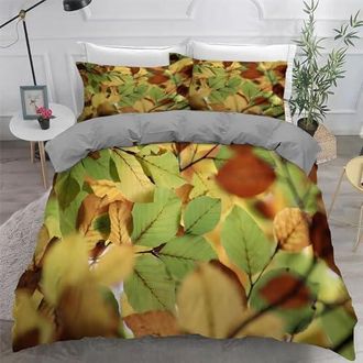 Generic Housse de Couette 200x200 Feuilles Parure de Lit 2 Personnes Plantes dautomne Imprim&eacute;e 3D Microfibre Literie Set 3 Pi&egrave;ces avec Housses Couettes et 2 T