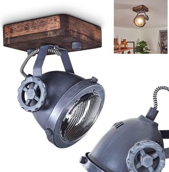 HOFSTEIN Deckenleuchte Herford, 1-flammige Zimmerlampe in Metall und Holz in Braun und Grau mit Glasschirm, Spot ist dreh- und schwenkbar, 1 x GU10, ohne Leuch