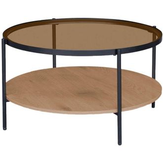 Sweeek Runder Couchtisch mit doppelter Glasplatte, Holzdekor und Stahl