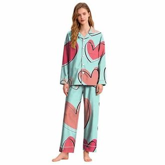 Generic Ensemble de v&ecirc;tements de nuit en satin de soie pour femme - Imprim&eacute; coeur - Pyjama &agrave; manches longues et pantalon - Ensemble 2 pi&egrave;ces - V&ecirc;tement de d&eacute;t